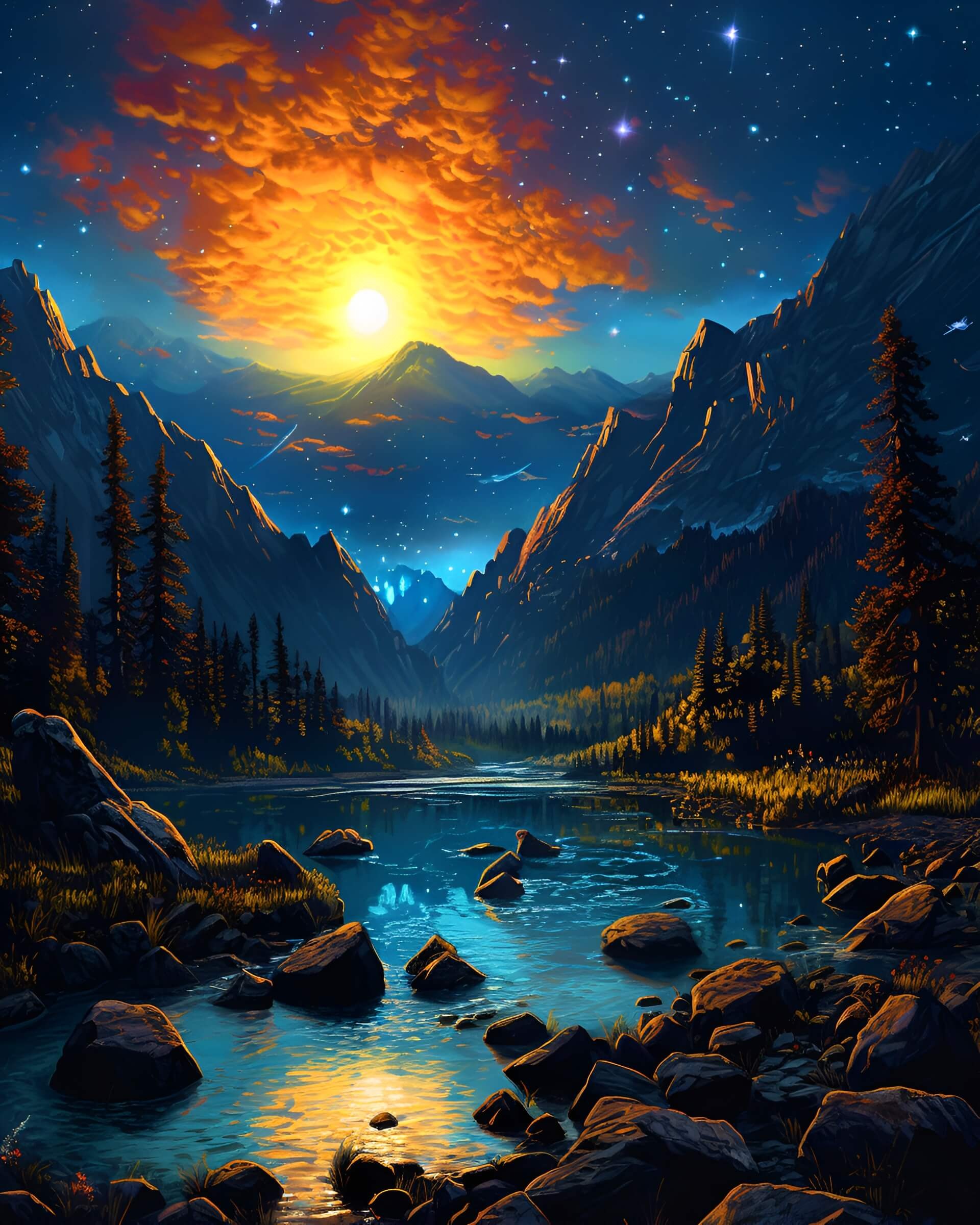 Nightfall Over Mountains | AI Generated Art Gallery